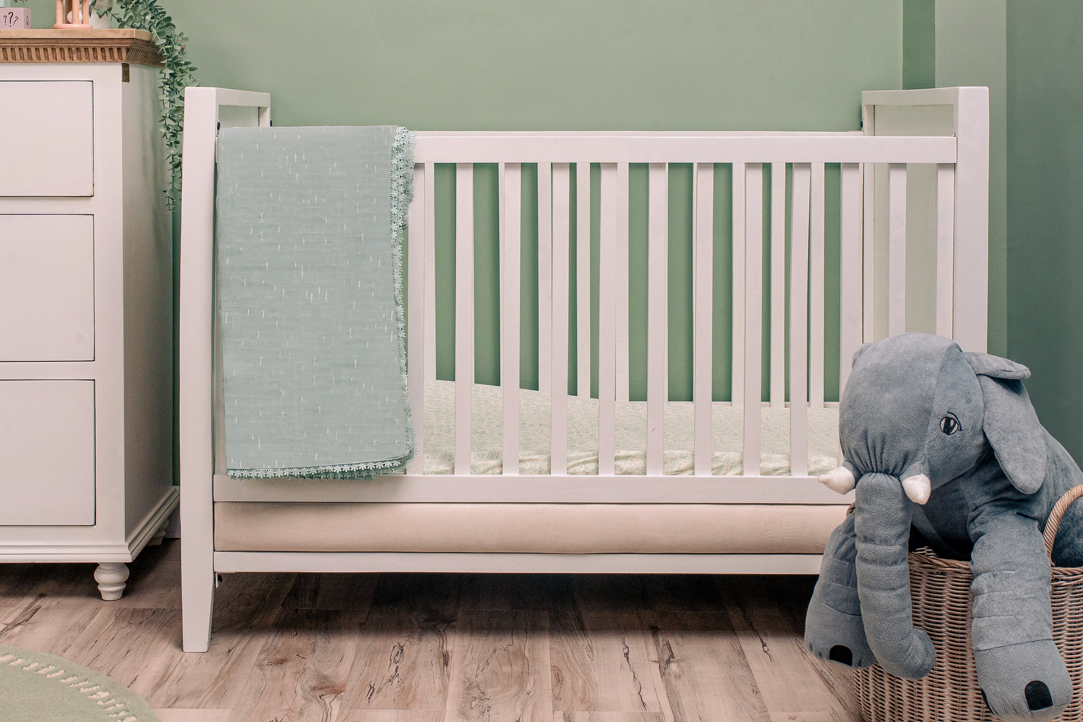 White Wooden Cot with Velvet Upholstery – Sadora Baby