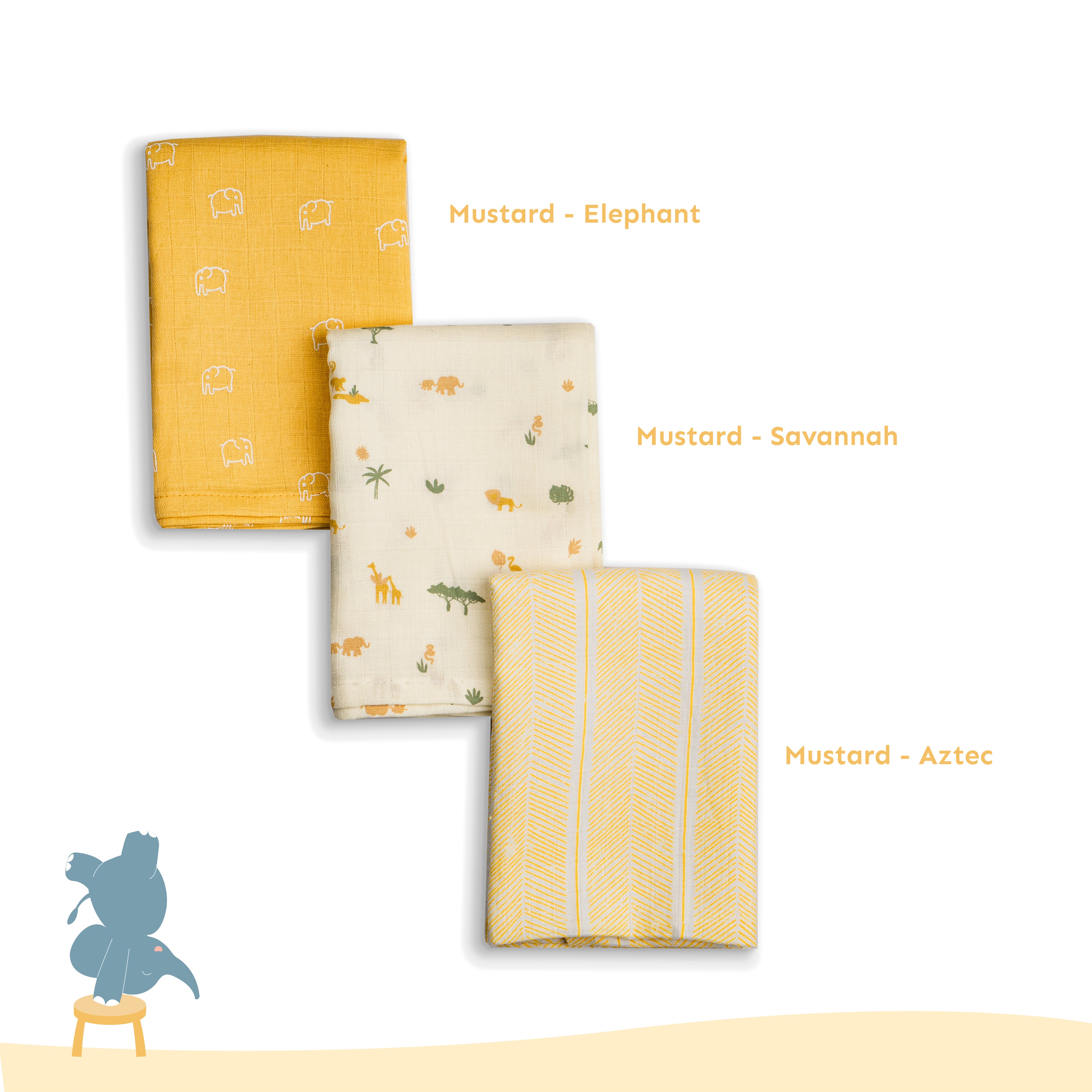 Mustard Savanna, Mustard Aztec & Mustard Elephant Muslin Swaddles ...